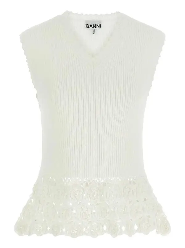 GANNI Ribbed Knit V-neck Top With Crochet Insert - Cream