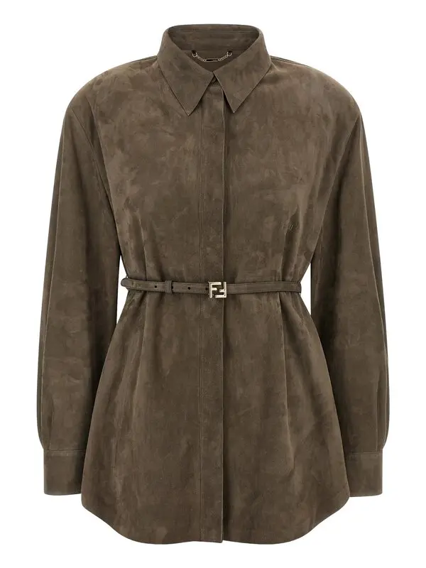 Fendi Suede Shirt With Embroidered Logo And Belt - Gray