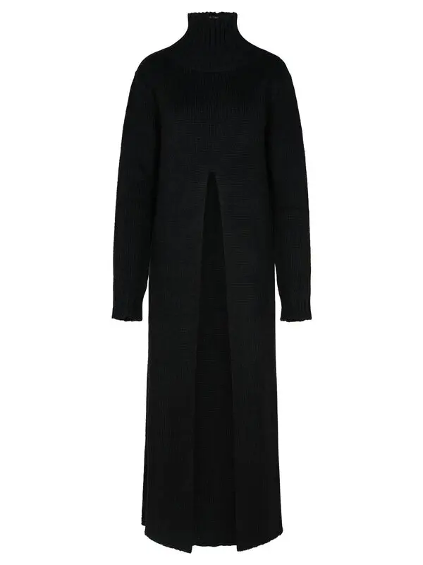 JIL SANDER Alpaca Blend Ribbed High Neck Dress With Front Split - Black