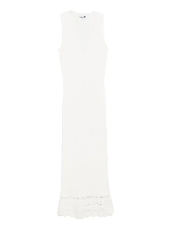 GANNI Sleeveless V-neck Dress With Crochet Hem - Cream