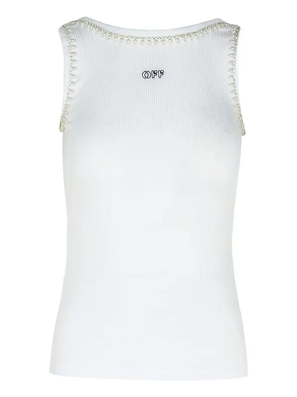 Off-White Ribbed Viscose Tank Top With Embellished Neckline - White
