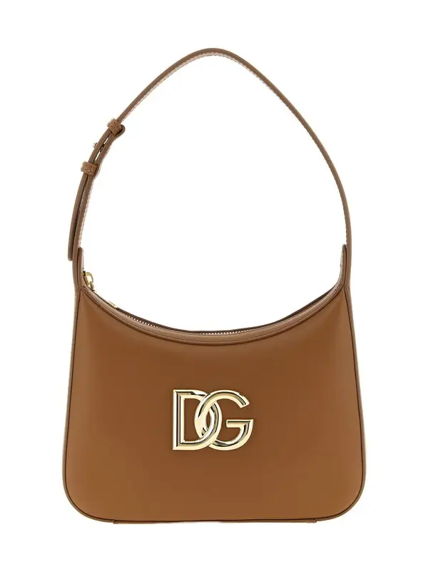 Dolce & Gabbana Calfskin Leather Shoulder Bag With Metal Logo - Brown