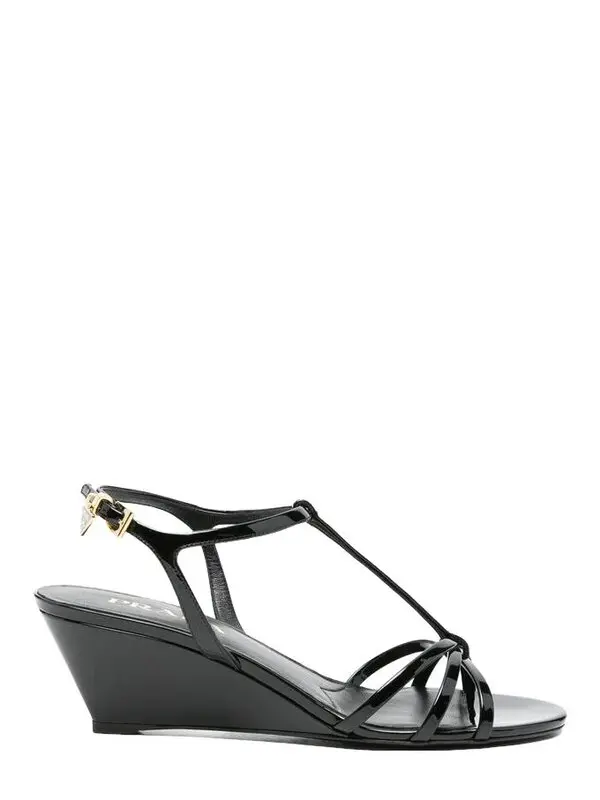Prada Leather Wedge Sandals With Metal Logo Buckle - Black