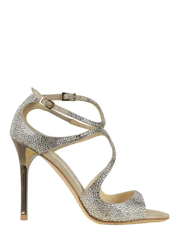 JIMMY CHOO Embellished Suede Stiletto Sandals With Buckled Ankle Strap - Cream