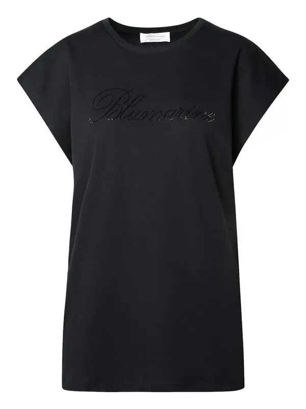 Blumarine Cotton T-shirt With Rhinestone Logo - Black