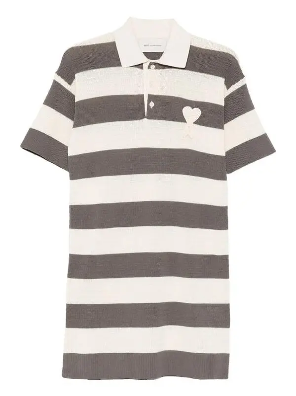 Ami Striped Knit Polo Dress With Heart Motif - Gray