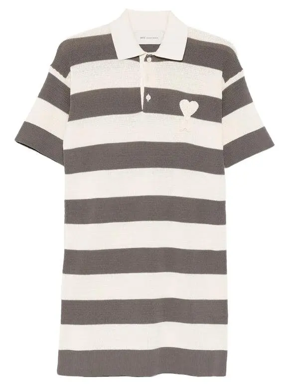 AMI Paris Striped Knit Polo Dress With Heart Motif - Gray