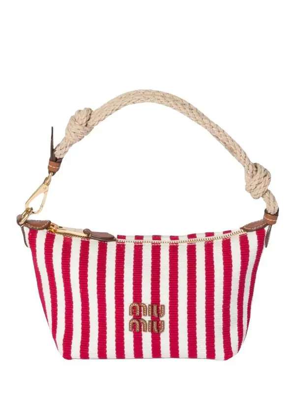 Miu Miu Striped Cotton And Leather Pouch With Rope Handle - Red