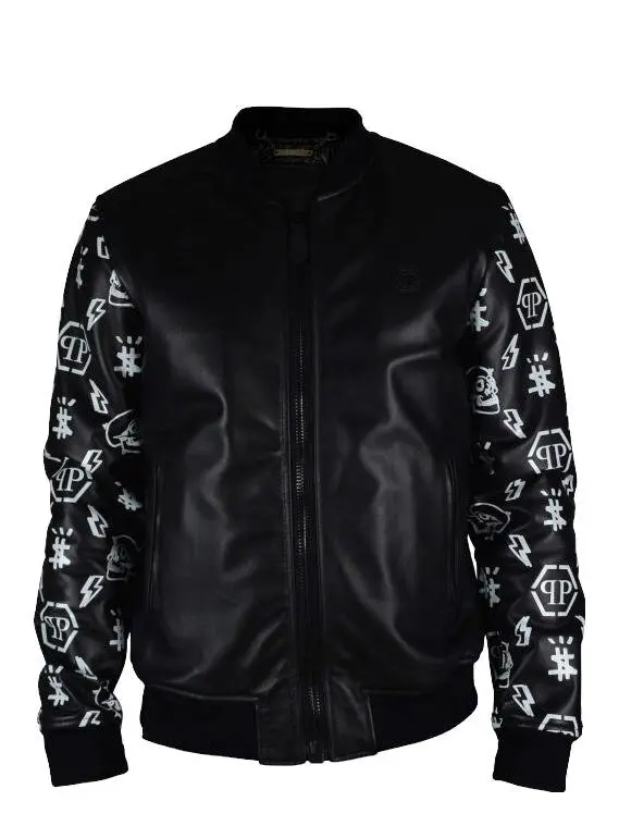 Philipp Plein Leather Bomber Jacket With Graphic Sleeves - Black