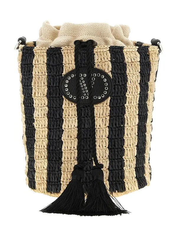 Valentino Garavani Small Raffia Bucket Bag With Studded Vlogo Signature - Black