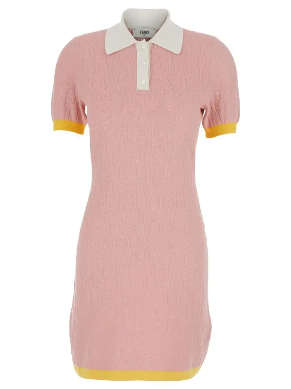 Fendi Pink Cotton And Silk Blend Knit Dress With Classic Collar - Multicolor