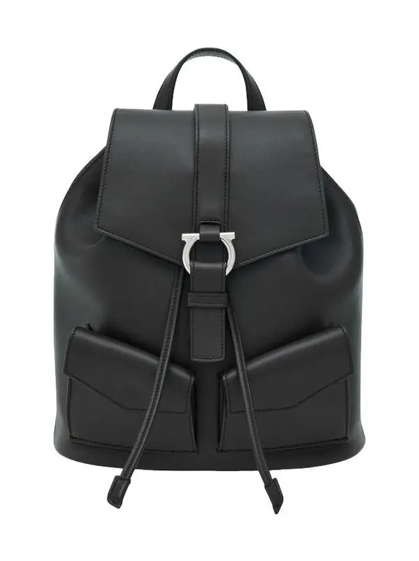 FERRAGAMO Gancini Flap Leather Backpack - Black