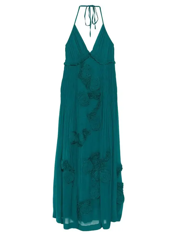 Dries Van Noten Drina Viscose Long Dress With Floral Appliqués - Green