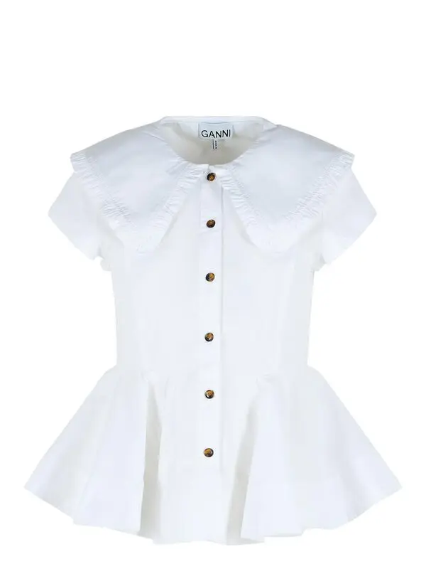 GANNI Cotton Shirt With Wide Rounded Collar And Short Sleeves - White