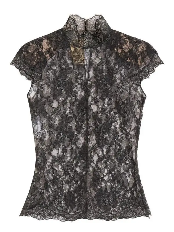 Valentino Garavani Lace Top With Padded Shoulders And Scalloped Hem - Black