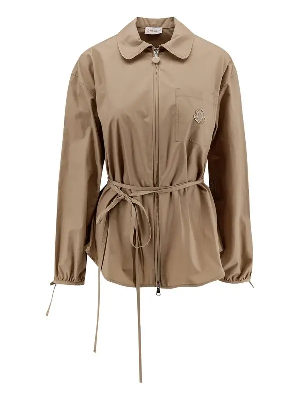 Moncler Cotton Shirt Jacket With Embroidered Logo And Drawstring Waist - Cream