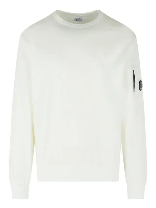 C.P. COMPANY Cotton Crew Neck Sweater With Zip Sleeve Pocket And Lens Appliqu - White