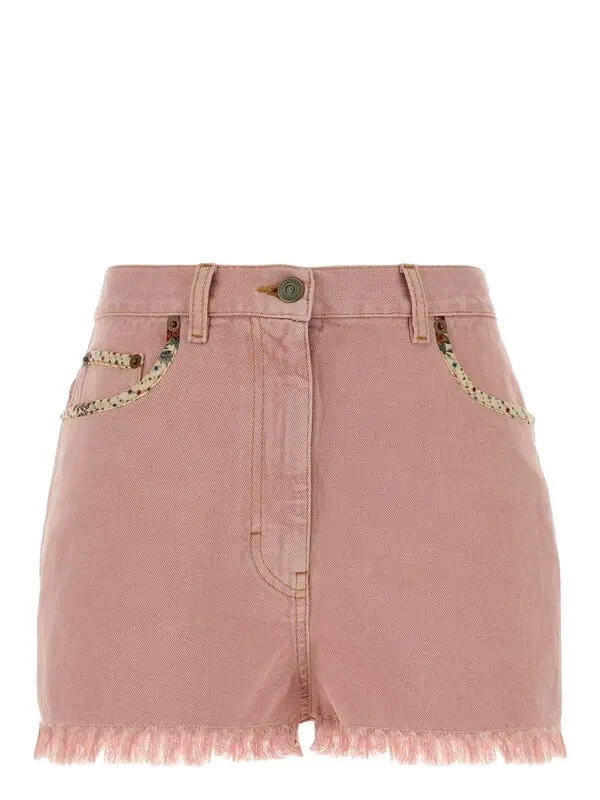 Valentino Garavani Denim Shorts With Frayed Hem And Floral Accents - Pink