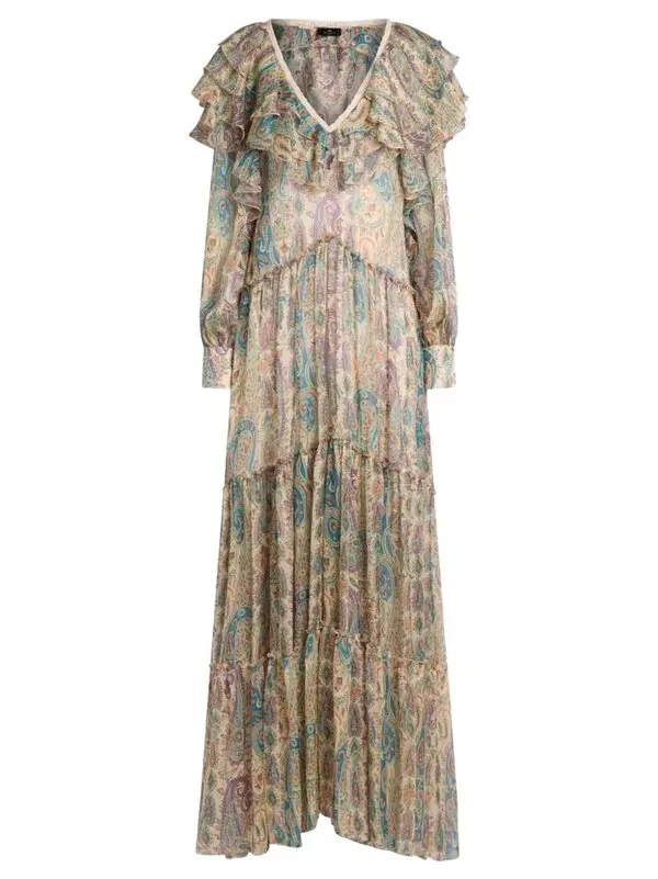 Etro Long Silk Dress With Paisley Print And Ruffled Details - Multicolor