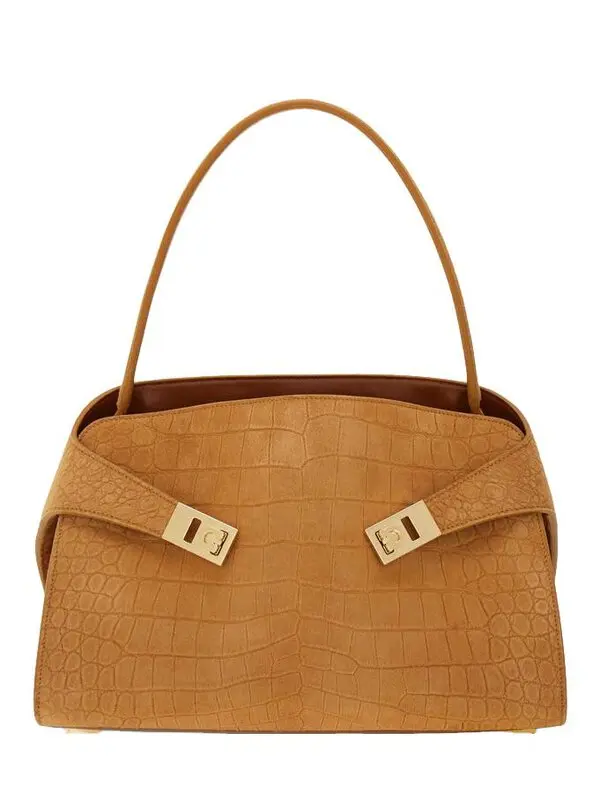 FERRAGAMO Soft Hug Alligator-print Suede Shoulder Bag - Cream