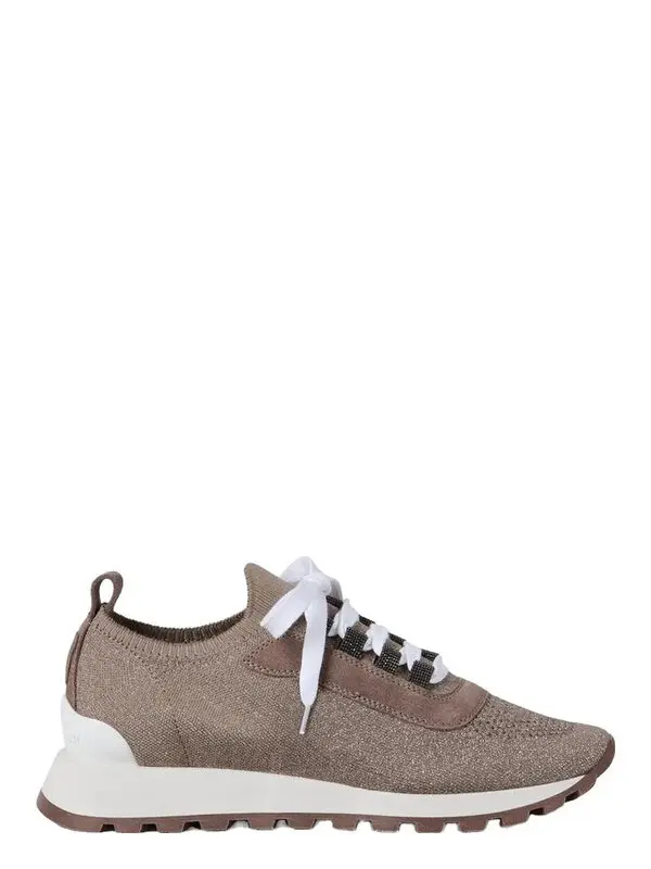 Brunello Cucinelli Sparkling Suede And Cotton Mesh Runners With Shiny Eyelets - Brown
