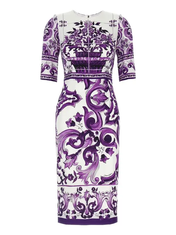 Dolce & Gabbana Maiolica' Print Silk Charmeuse Midi Dress - Purple