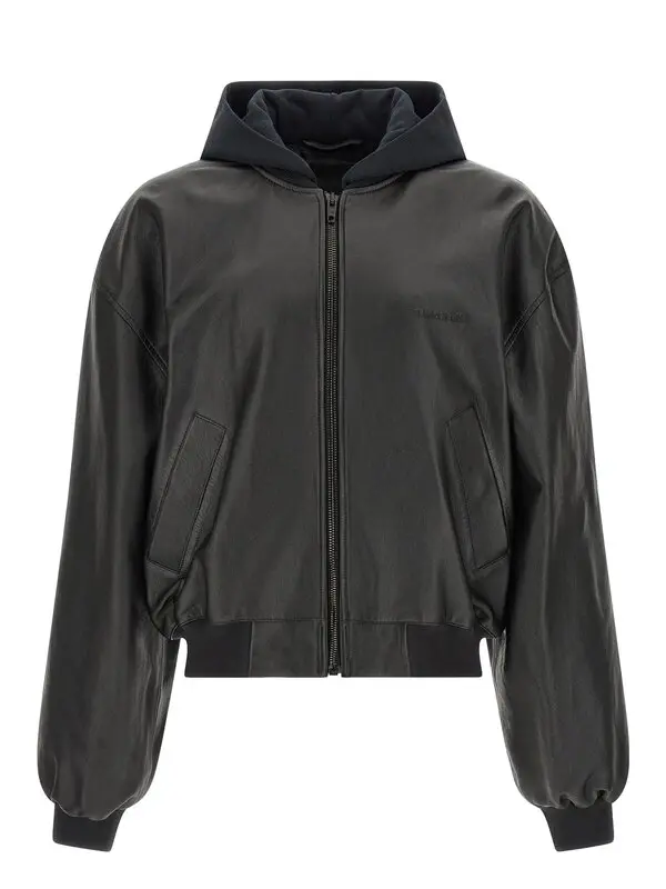 Balenciaga Salon De Couture" Leather Bomber Jacket With Hood - Black