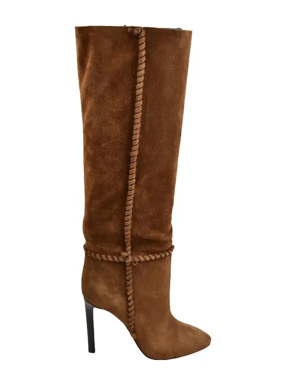 Saint Laurent Suede Knee-high Boots With Braided Detailing - Brown