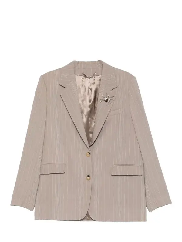 GOLDEN GOOSE Oversized Wool Blend Pinstripe Blazer With Brooch - Multicolor