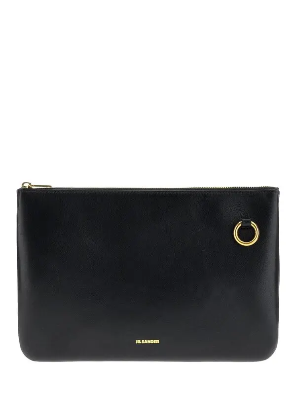 JIL SANDER Black Leather Pouch With Gold Tone Hardware - Multicolor