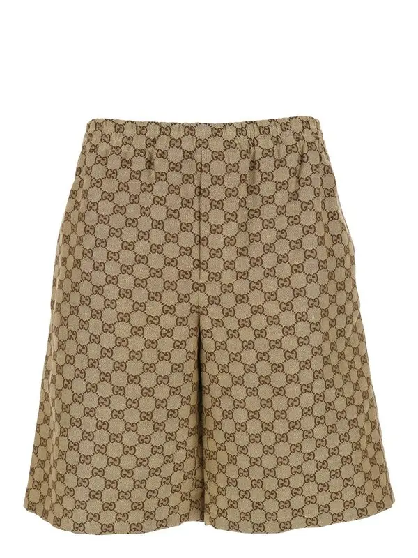 Gucci Beige Gg Motif Linen Blend Bermuda Shorts - Multicolor