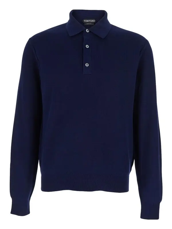 TOM FORD Blue Polo Shirt With Classic Collar And Front Button Closure In Silk And Cotton Blend For - Multicolor