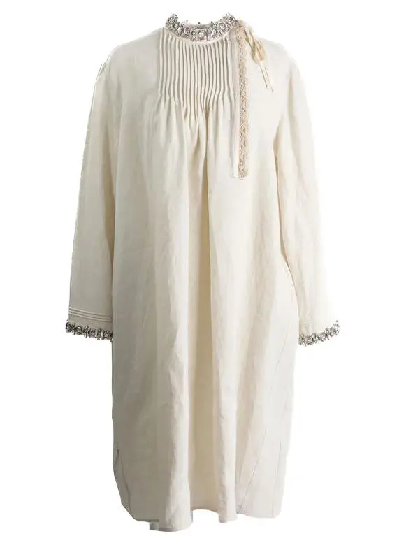Prada Embellished Neck Long Sleeve Day Dress - Cream