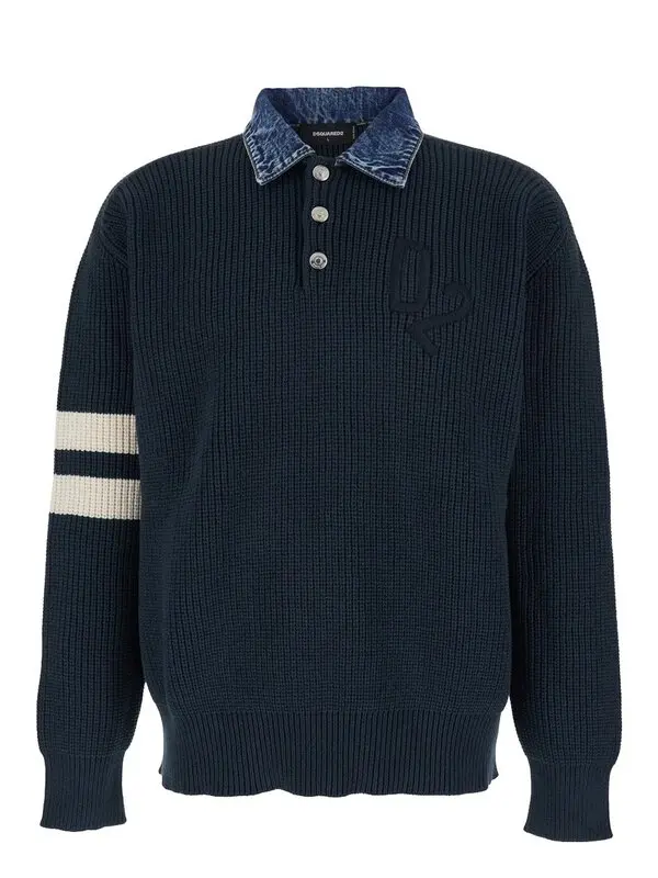 Dsquared2 Sweater With Denim Collar And Logo Embroidery - Multicolor
