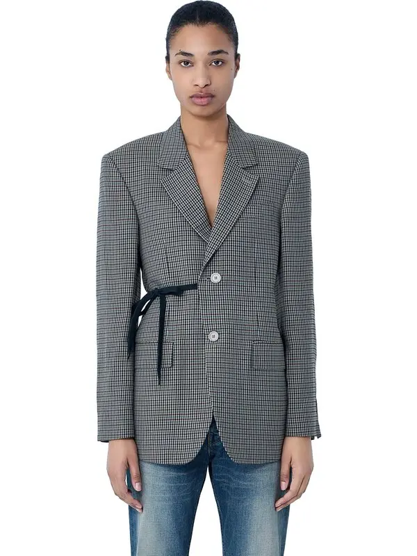 Balenciaga Single-breasted Check Pattern Blazer With Tie Detail - Gray