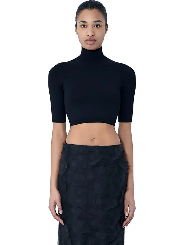 Max Mara High Neck Cropped Knit Top With Short Sleeves - Black