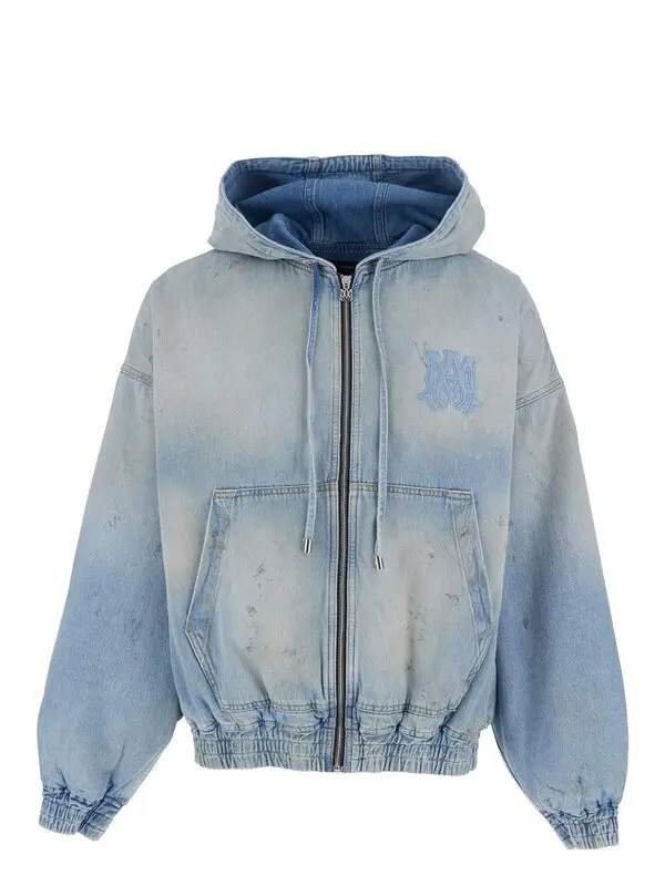 Amiri Denim Jacket With Drawstring Hood And Embroidered Logo - Multicolor