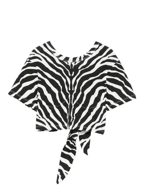 Attico Zebra Print Cropped Tie Detail Short Sleeve Top - Black