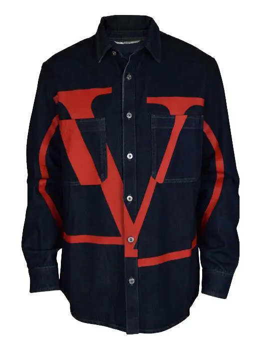Valentino Garavani Denim Jacket With Red Logo Print - Blue