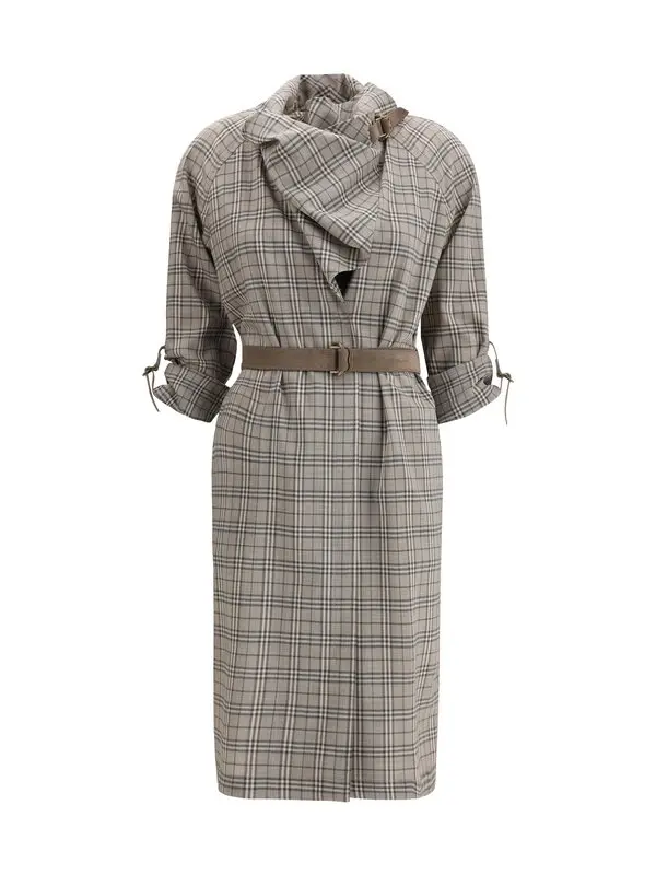 Burberry Wool Check Dress With Shawl Collar And Belted Waist - Gray