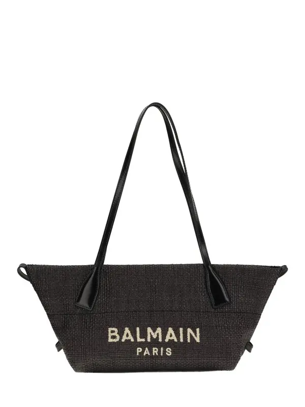 Balmain Calfskin And Raffia Shoulder Bag - Black