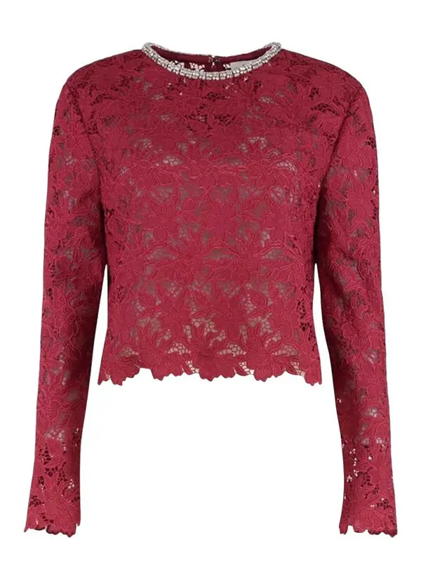 SELF-PORTRAIT Crystal Embellished Lace Top - Red