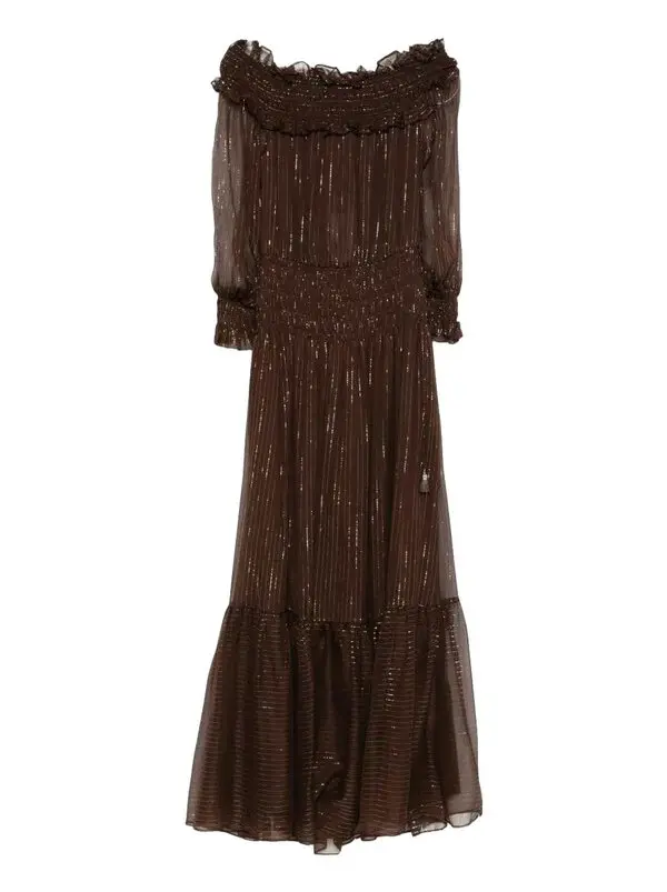 SELF-PORTRAIT Long Silk Blend Dress With Striped Metallic Pattern - Brown