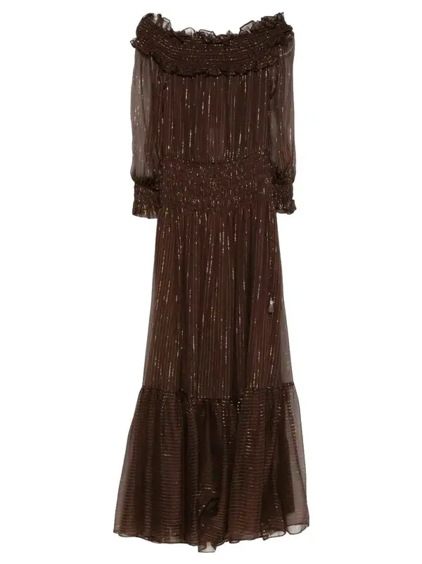 SELF-PORTRAIT Long Silk Blend Dress With Striped Metallic Pattern - Brown