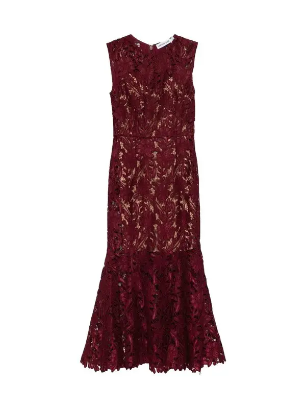 SELF-PORTRAIT Sleeveless Lace Midi Dress With Belt Detail - Red