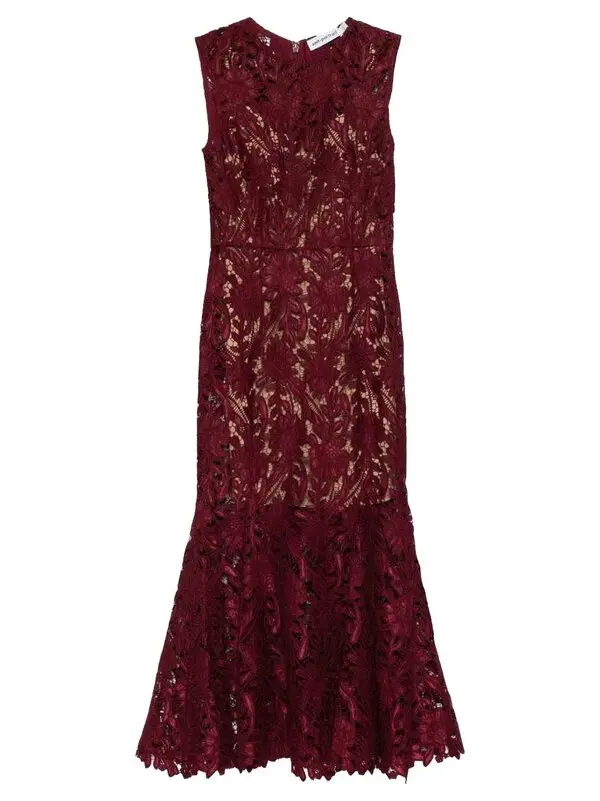 SELF-PORTRAIT Sleeveless Lace Midi Dress With Belt Detail - Red