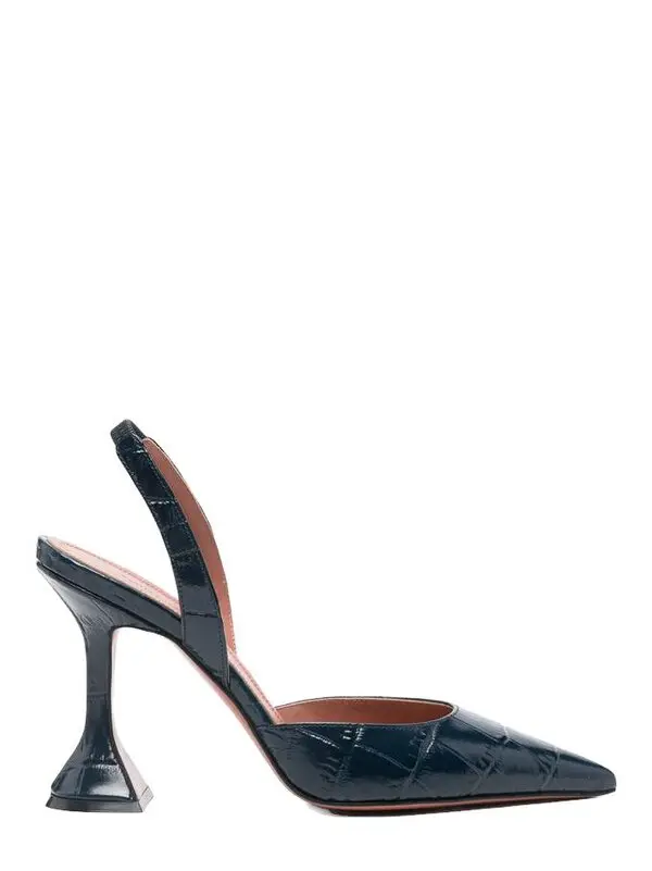 Amina Muaddi Navy Crocodile Effect Pointed Toe Slingback Sculpted Heel - Blue