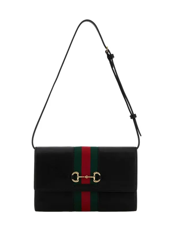 Gucci Leather Horsebit Web Wallet With Shoulder Strap - Black