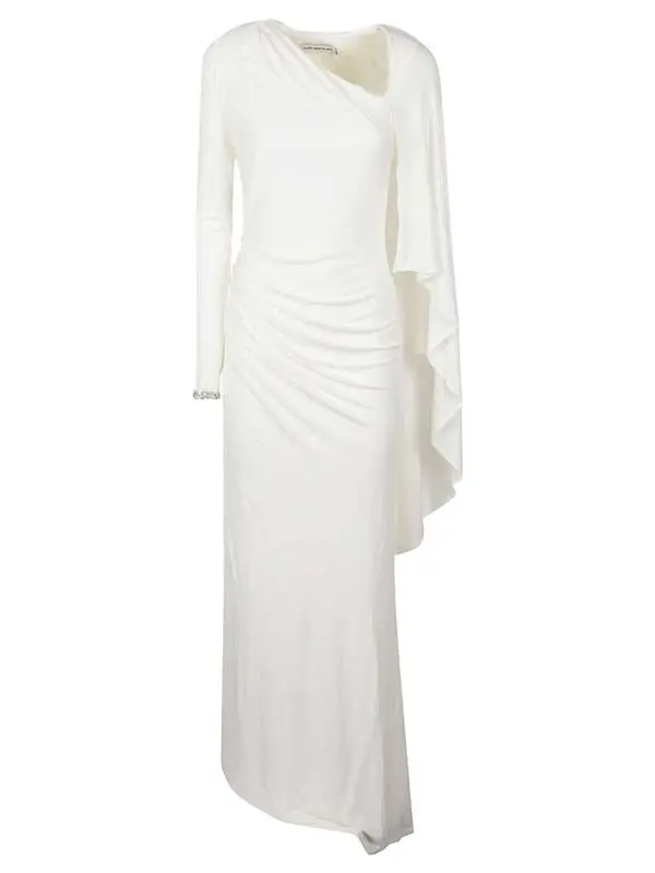 SELF-PORTRAIT Long Draped Asymmetrical Neckline Dress - White