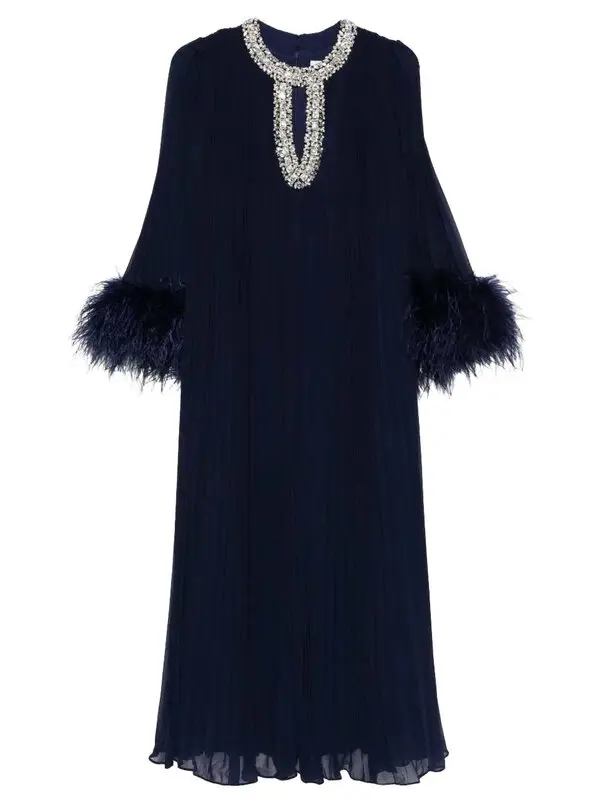 SELF-PORTRAIT Long Pleated Dress With Feather Trim - Blue